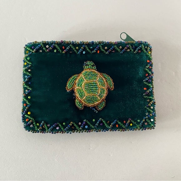 Bags | Dazzling Zippered Green Velvet Beaded Turtle Coin Purse Wallet ...